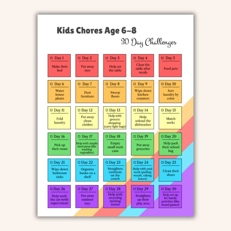 Kids Chore Chart: 30 Day Challenge, Ages 6-8 (PDF Printable) - Etsy