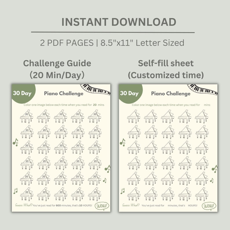 30 Day Piano Challenge Printable Piano Practice Tracker Digital Planner ...