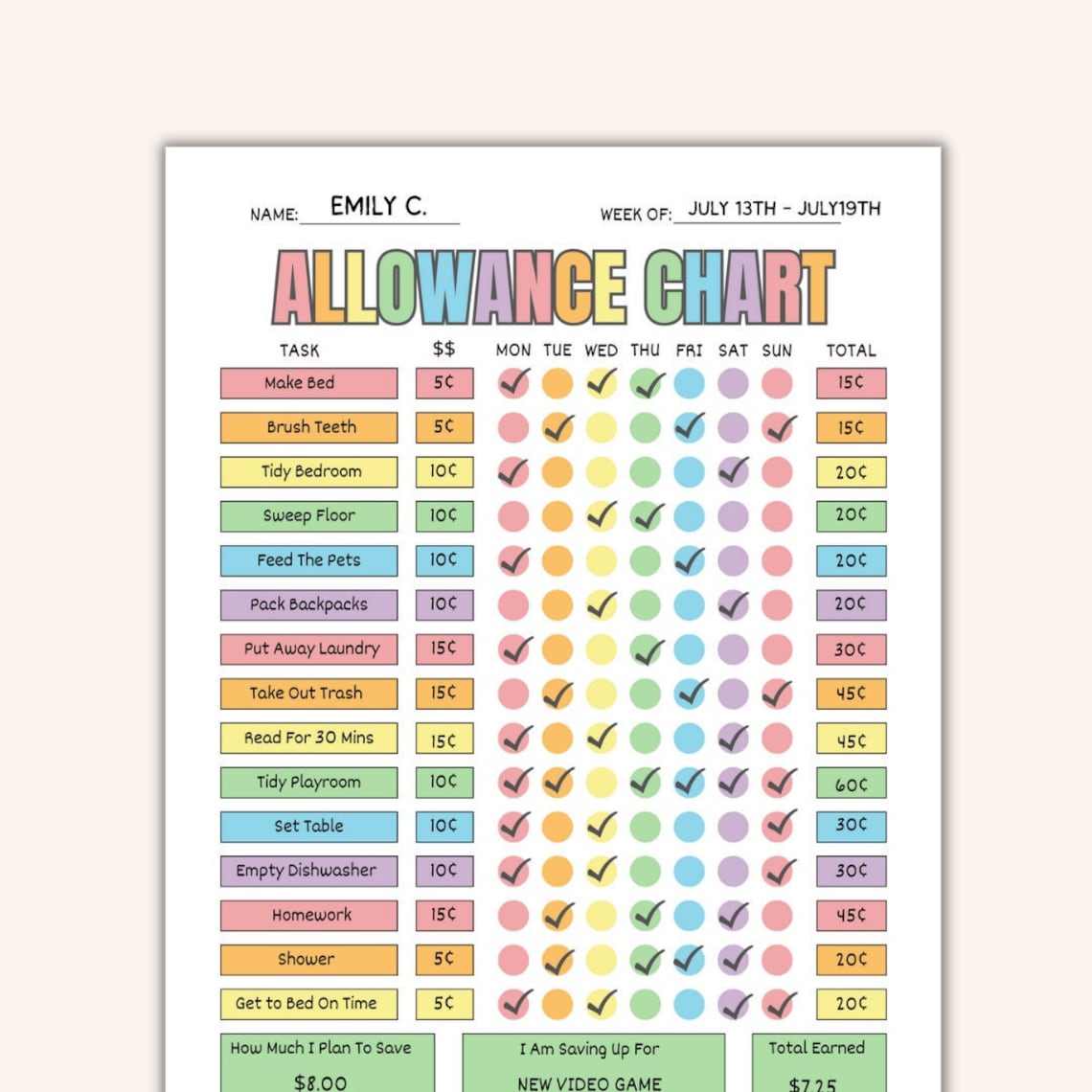 Kids Allowance Chart Printable Editable Kids Chores Chart Weekly ...