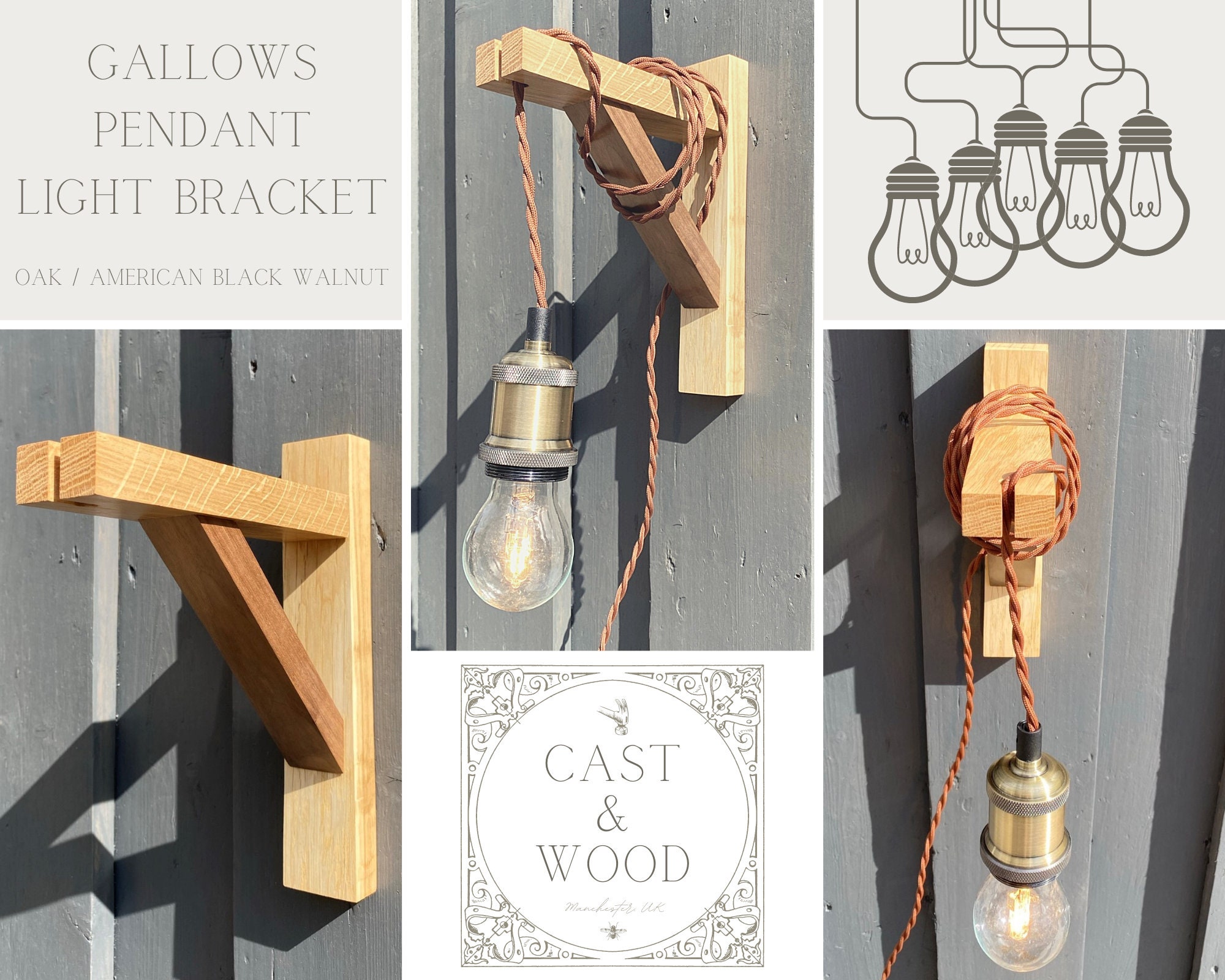 Solid Oak & American Black Walnut Gallows Pendant Wall Light Bracket ...