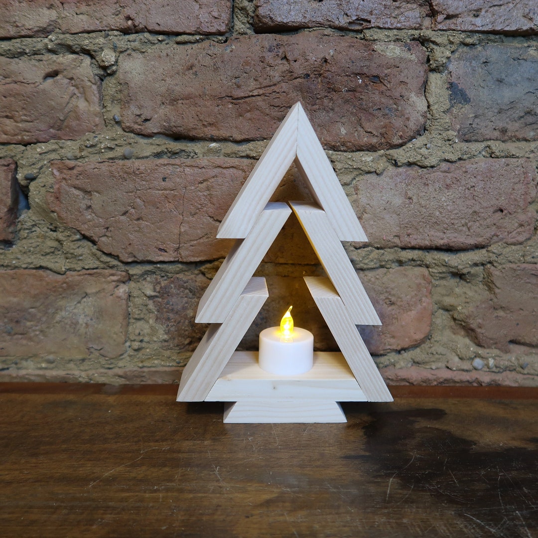 Tea Light Christmas Tree 20cm battery Powered Natural Wood Centre Piece ...