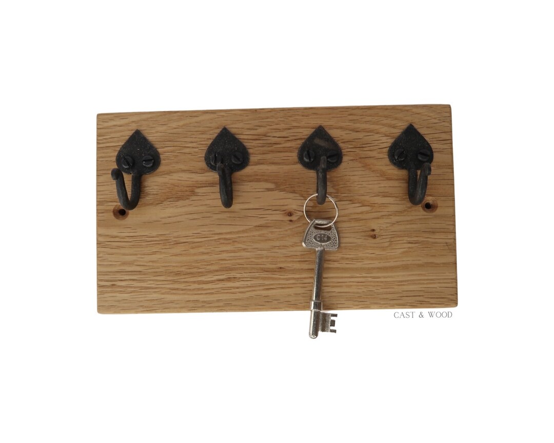 Handmade Solid Oak Key Holder: Rustic Wall Mount With 4 Black Hooks - Etsy