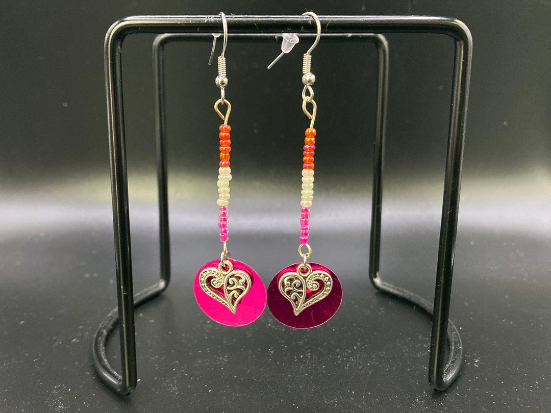 LGBTQ Lesbian Pride Flag Hot Pink Sequin Dangle Boho Bead Heart Charm ...