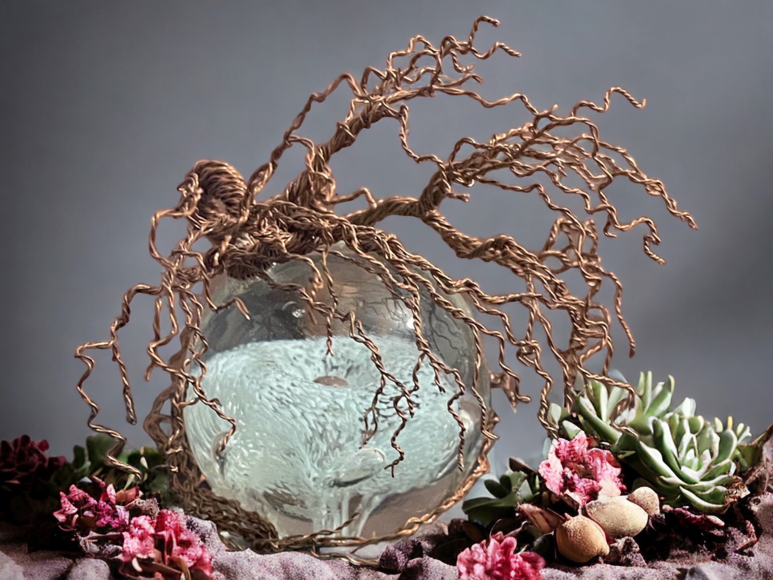 Twisted Wire Tree on Vintage Millrace Glass Crystal Paperweight, OOAK ...