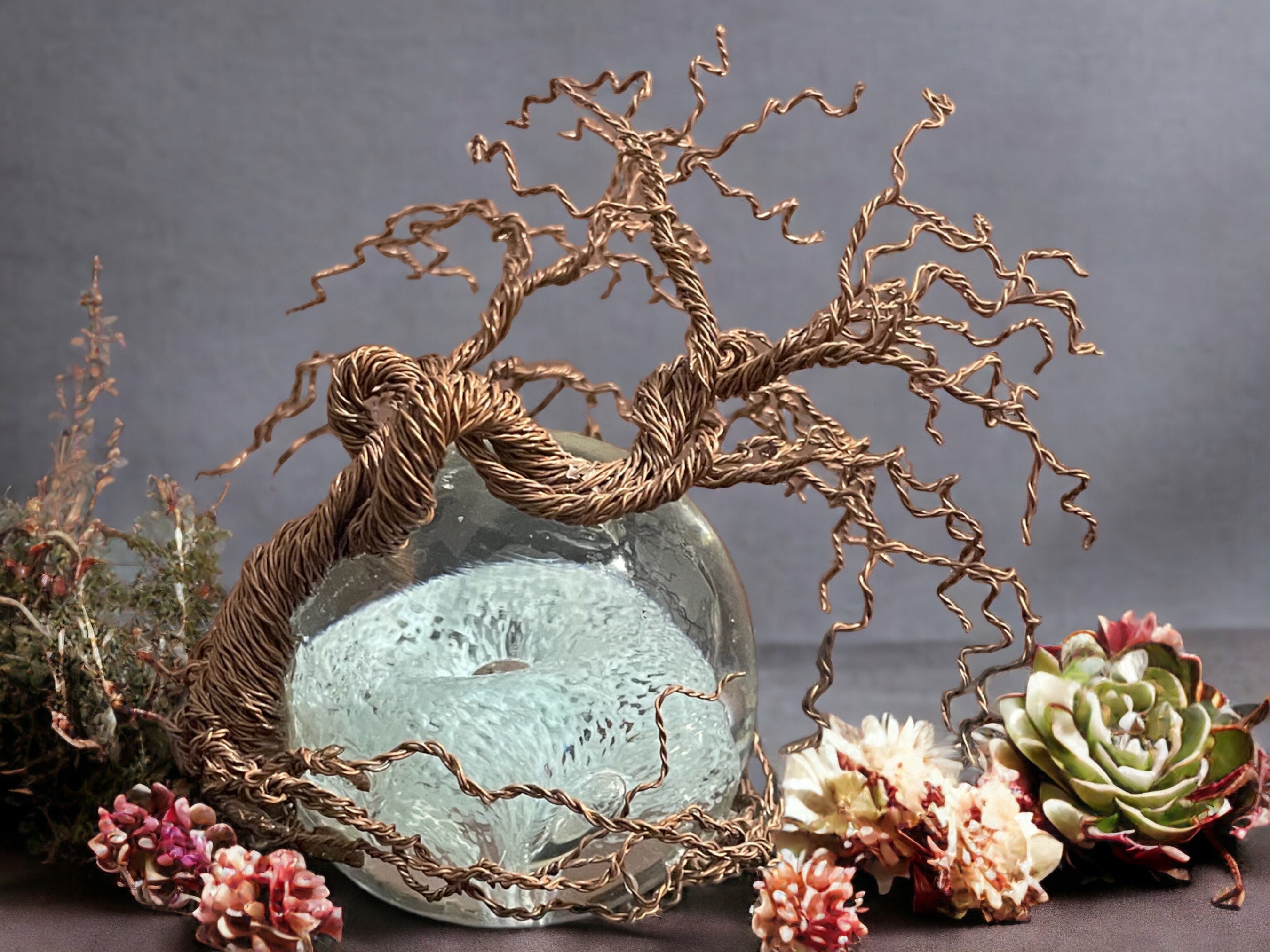 Twisted Wire Tree on Vintage Millrace Glass Crystal Paperweight, OOAK ...