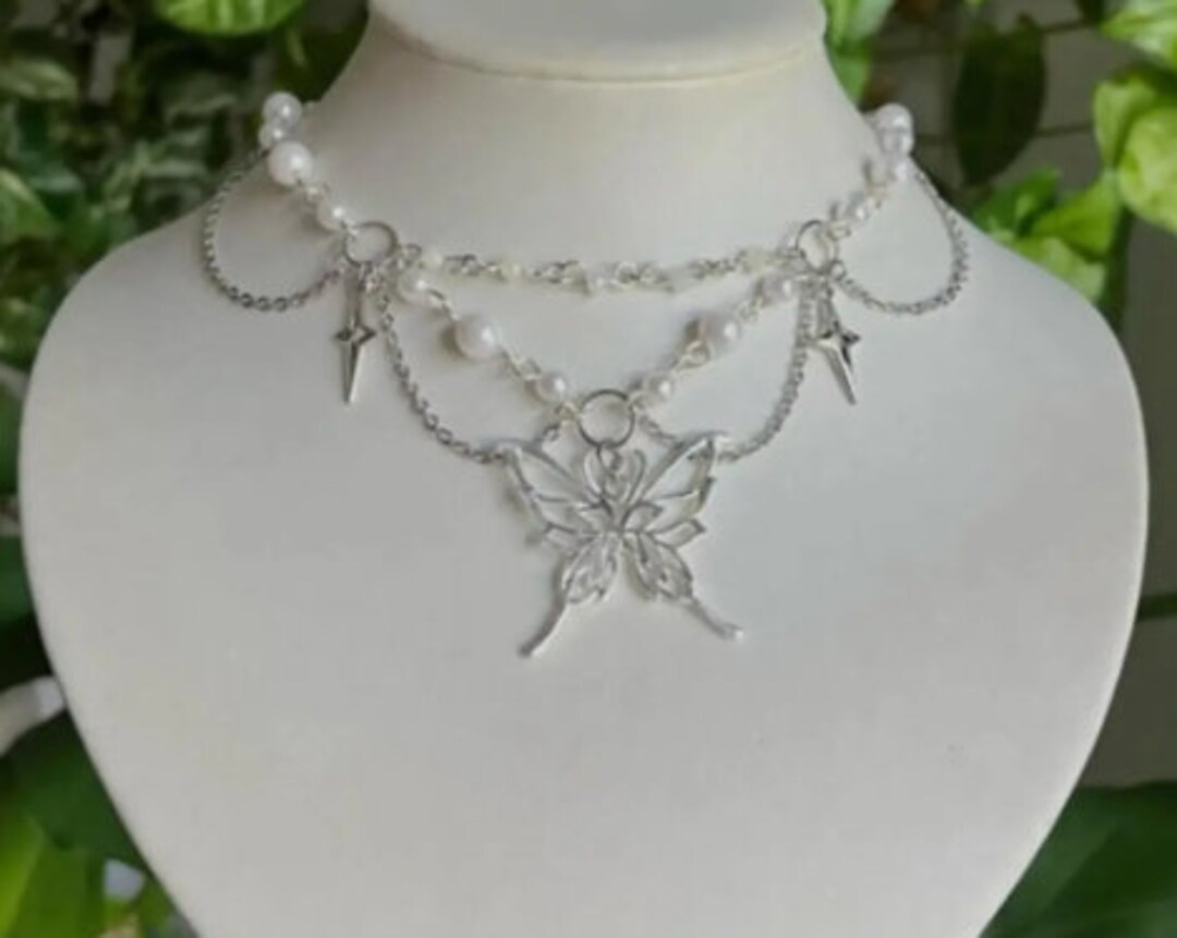 Butterfly Wing Goddess Fairy Core Necklace Pearl Y2k Indie Jewelry Pixie Fairycore Quartz Witch ...