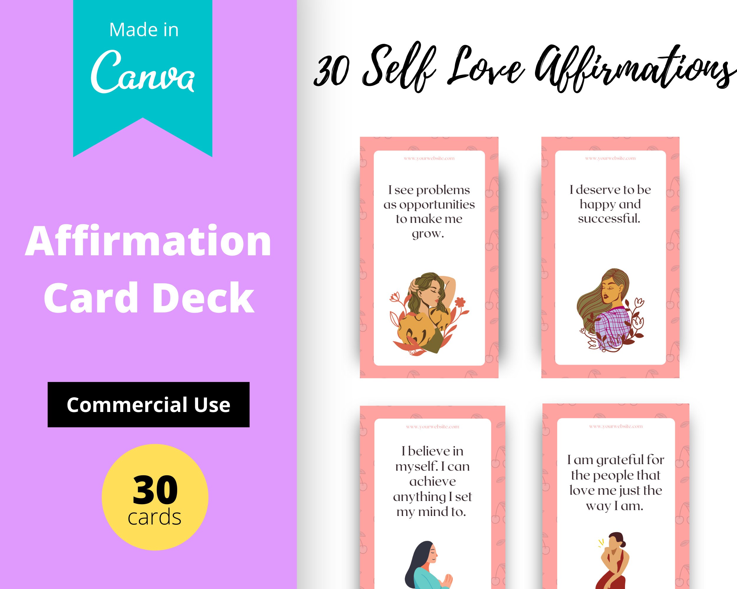 Stationery Commercial Use Self Love Affirmation Card Deck Editable 30 ...