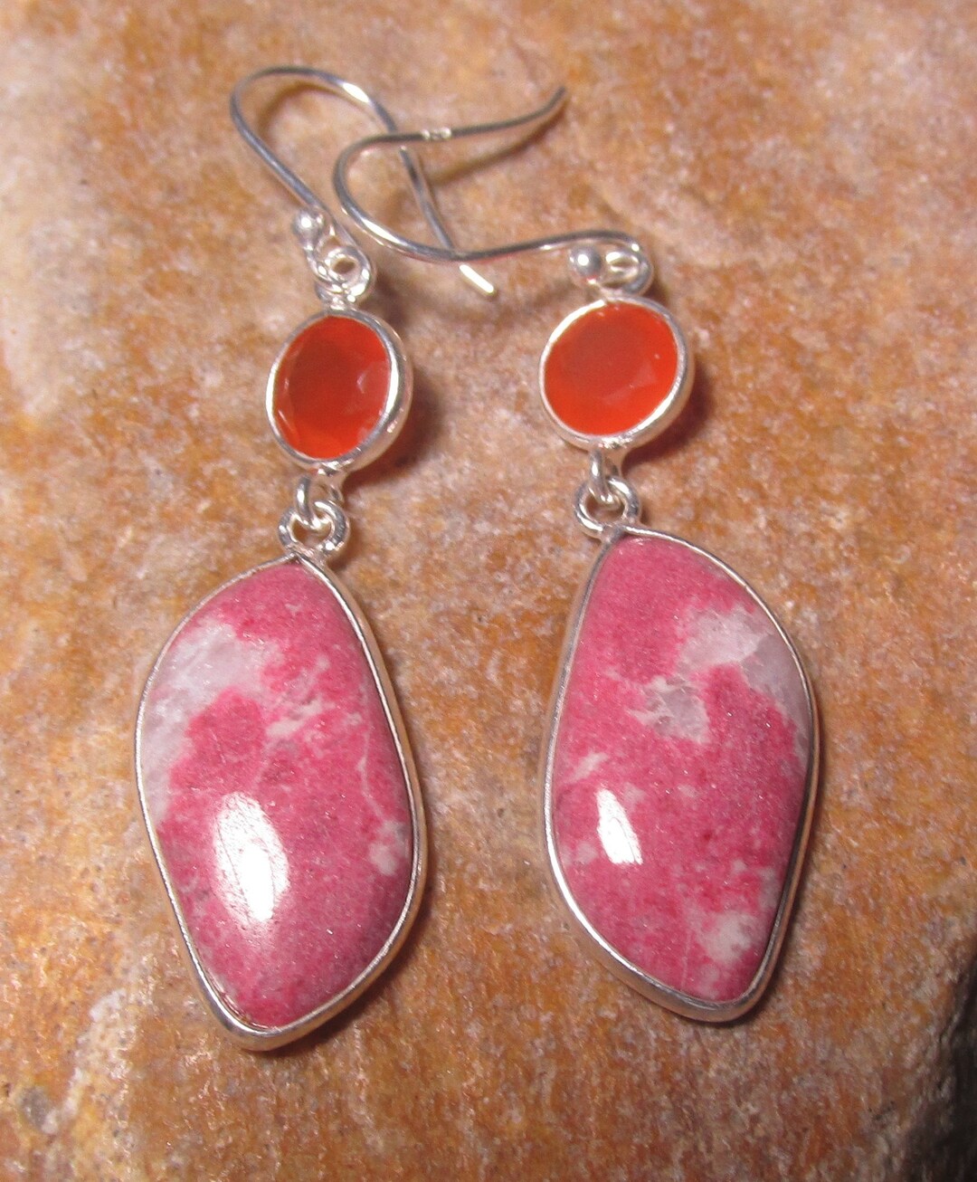 Silver 925 Double Stone Pink Thulite & Cut Carnelian Drop Design Boho ...