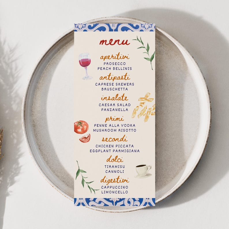 Italian Summer Dinner Menu Card 4x9 | Italy Themed Colorful Wedding ...