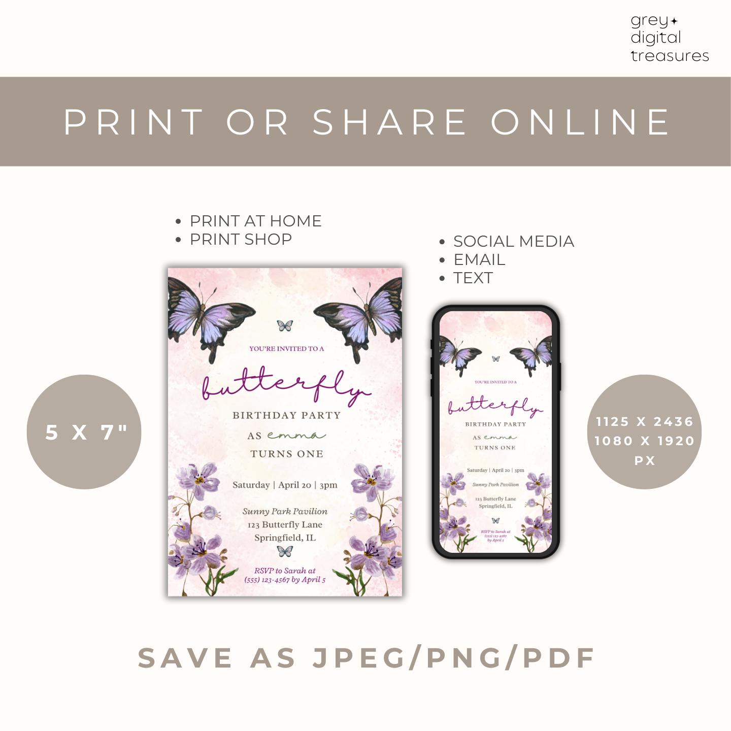Purple Butterfly Invitation Template | Watercolor Birthday Invite ...