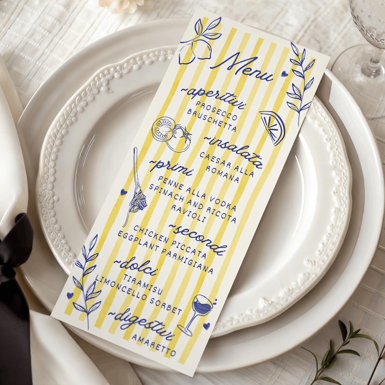 Italian Summer Dinner Menu Card 4x9 | Italy Themed Wedding Menu | La ...