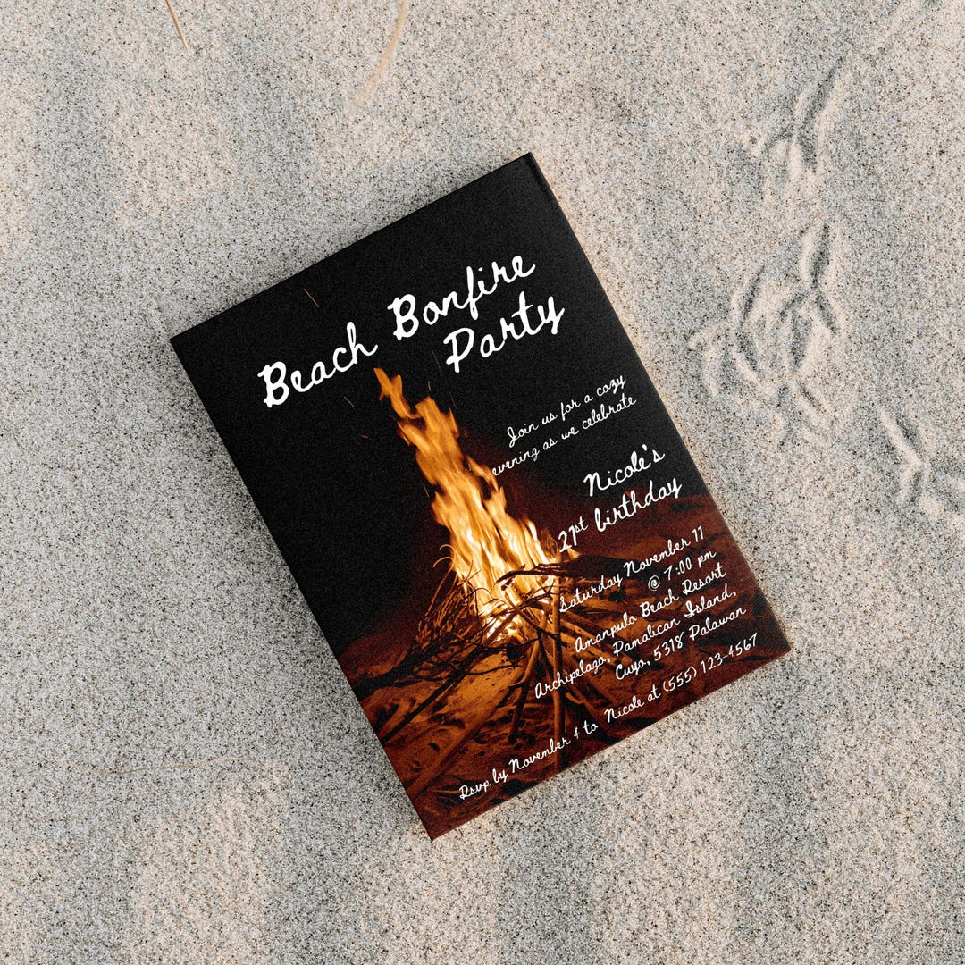 Digital Beach Bonfire Party Invite | Campfire Birthday Invitation ...