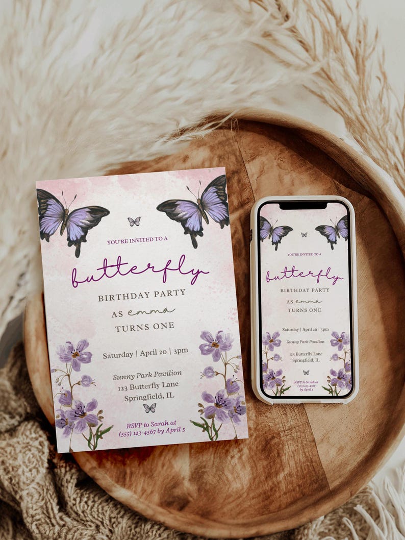 Purple Butterfly Invitation Template | Watercolor Birthday Invite ...
