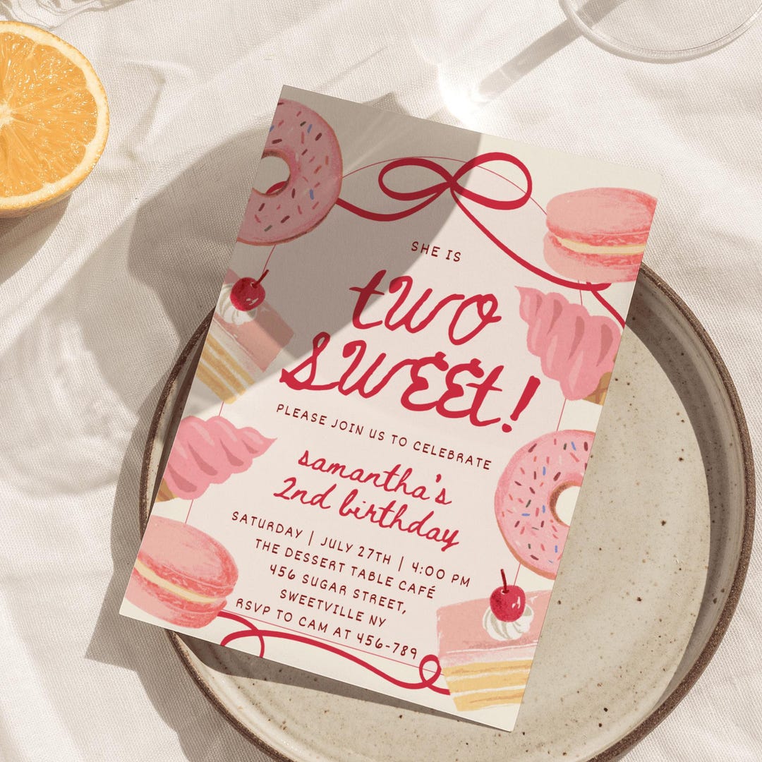 Two Sweet Birthday Party Invite | 2 Sweet Donut Theme Invitation | Pink ...