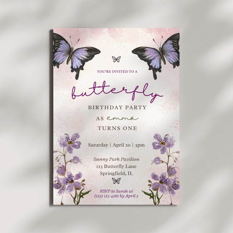Purple Butterfly Invitation Template | Watercolor Birthday Invite ...