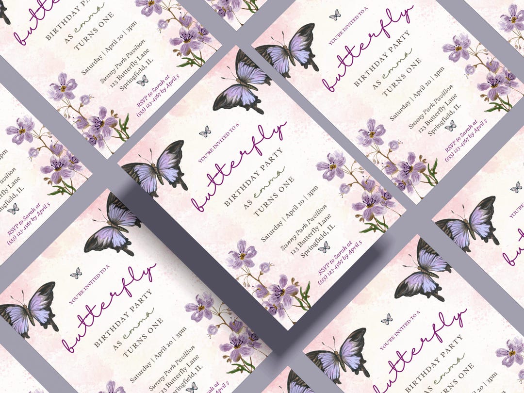 Purple Butterfly Invitation Template | Watercolor Birthday Invite ...