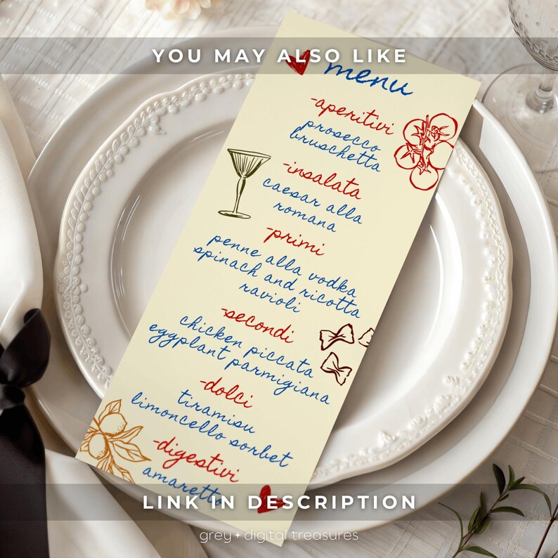 Italian Summer Dinner Menu Card | Italy Themed Colorful Wedding Menu ...