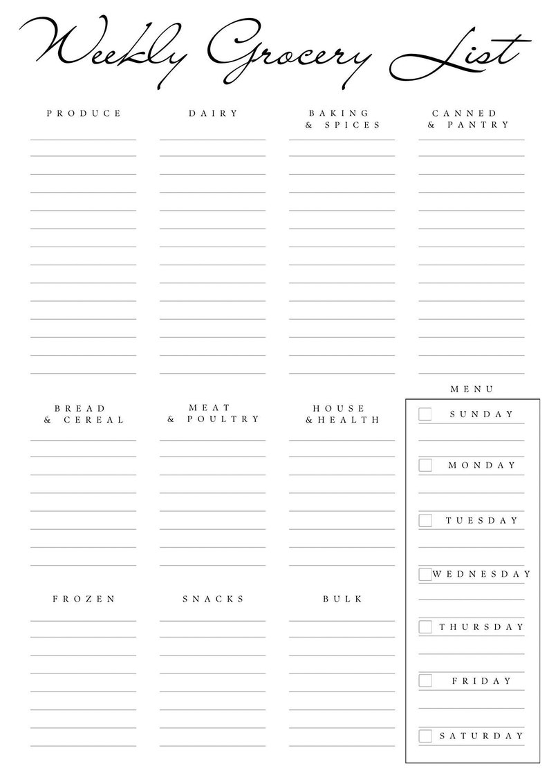 Printable Weekly Grocery List - Etsy
