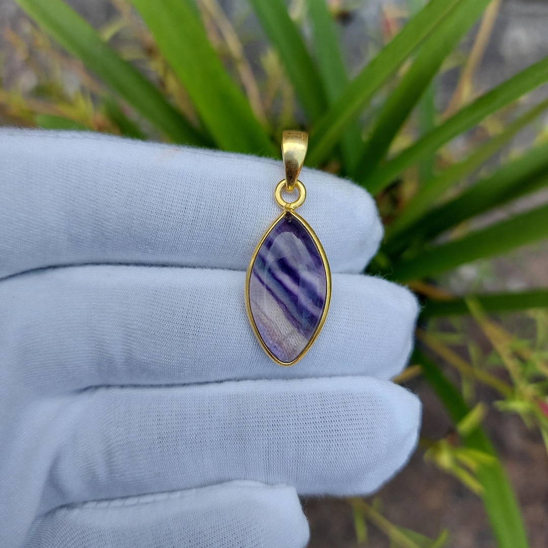 Gold Plated Brass Fluorite Pendant: Designer Gemstone Jewelry - Etsy
