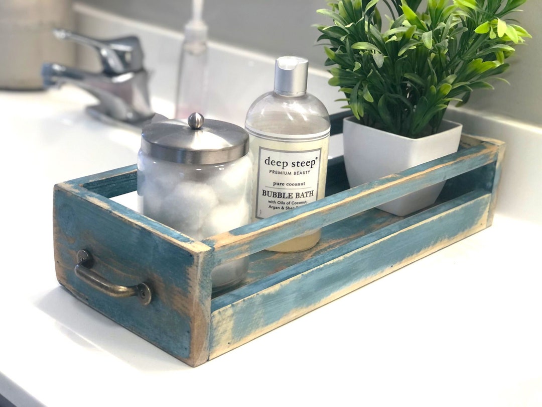Rustic Wood Toilet Tank Topper: Bathroom Organizer With Metal Handles ...