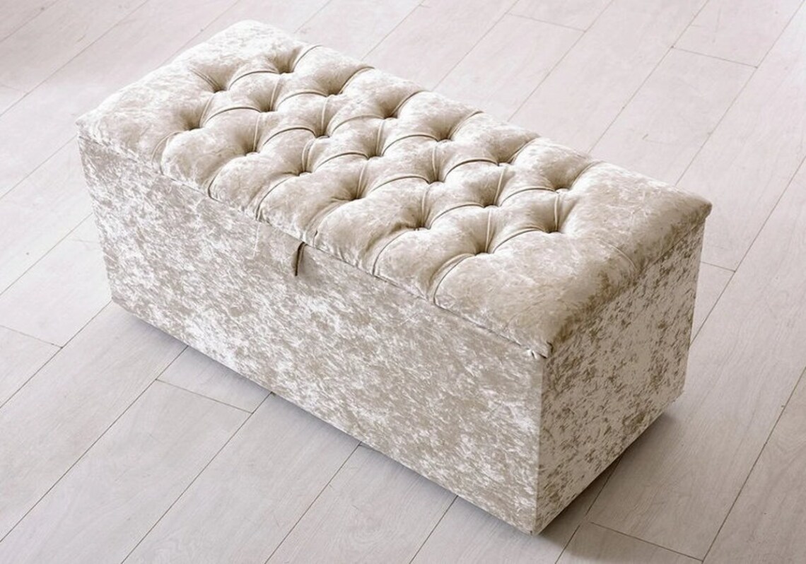 Crushed Velvet Cream Upholstered Ottoman Storage Box Bedroom - Etsy