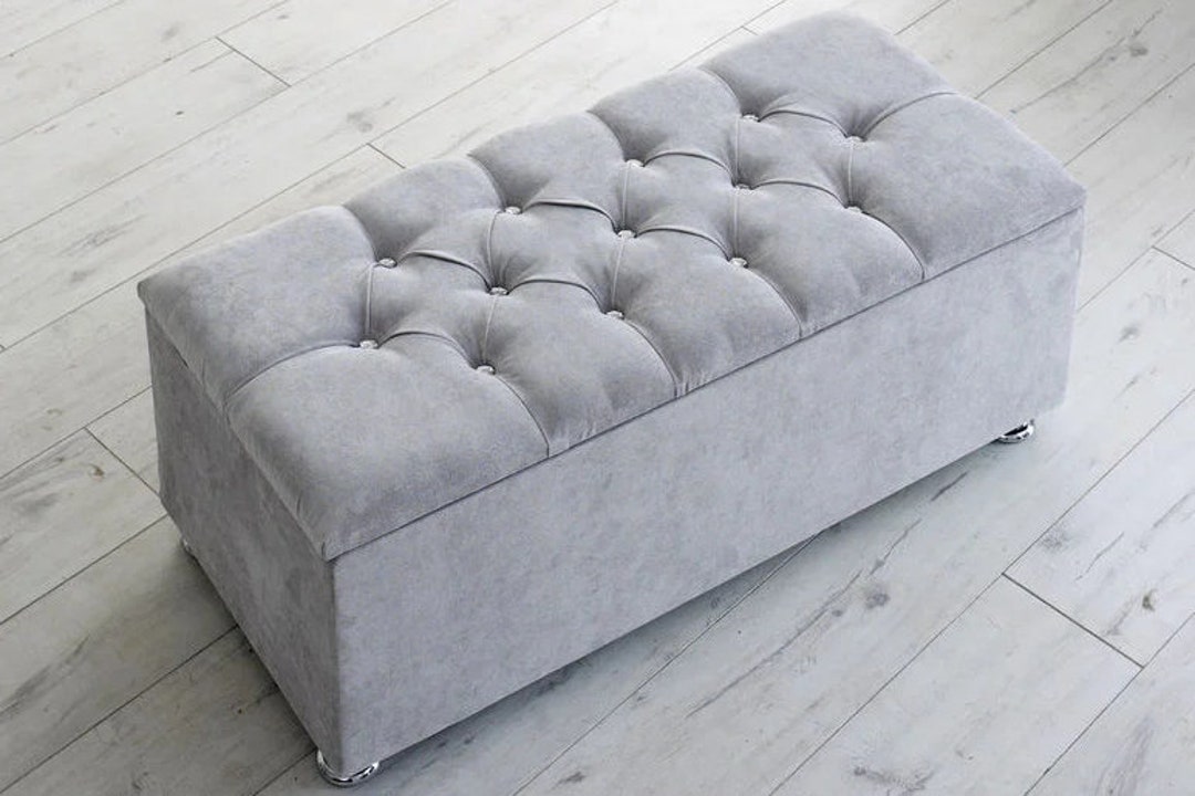 Naple Grey Upholstered Ottoman Storage Box Bedroom Footstool Competible ...