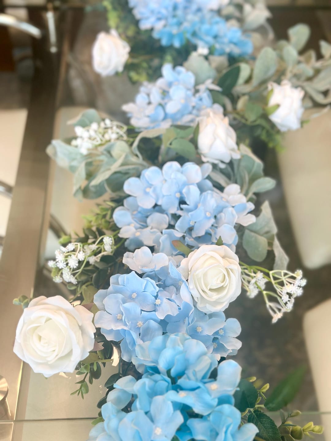 Blue Hydrangeas, Rose and Baby’s Breath Floral Garland for Party ...
