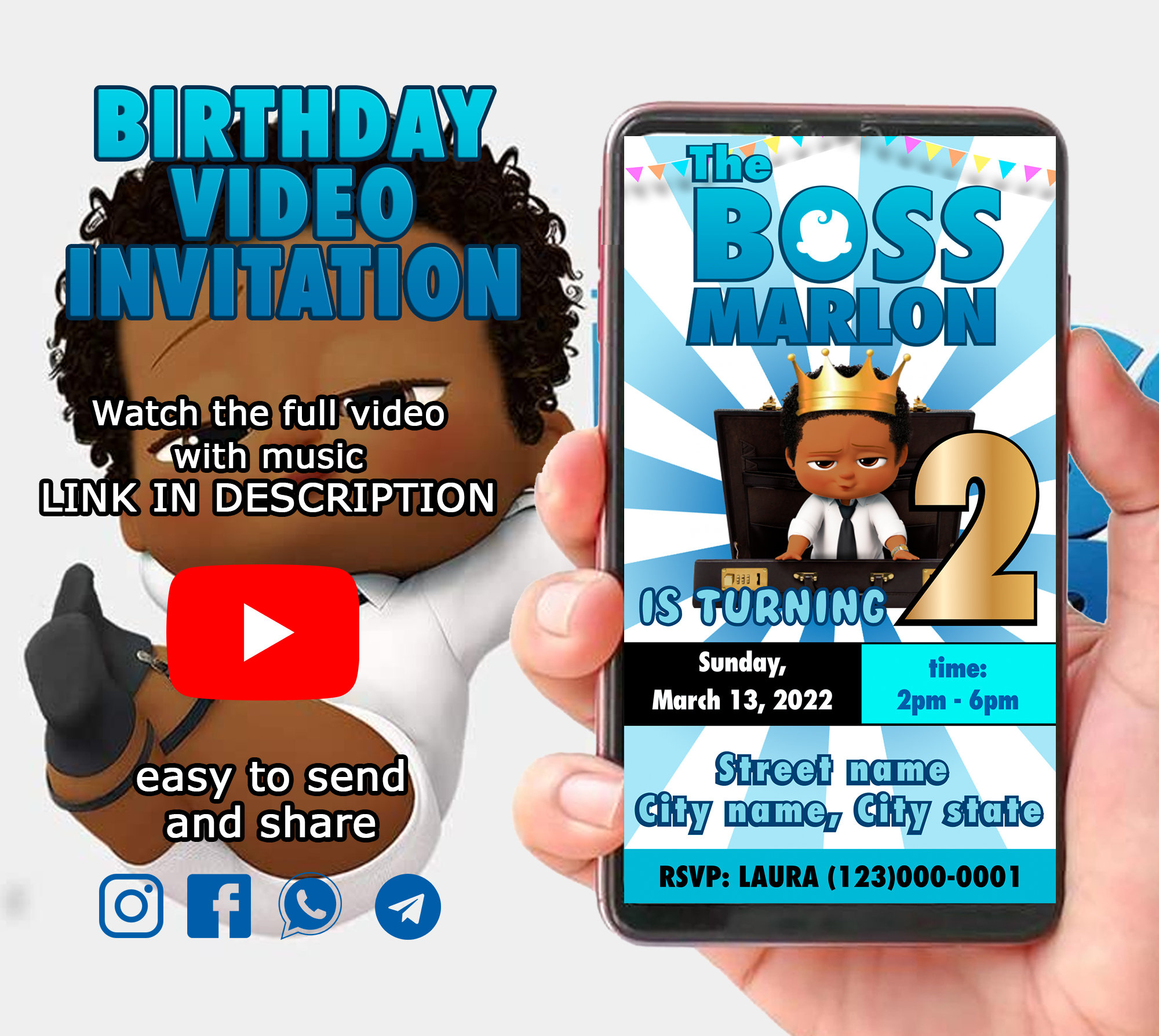 Boss baby Birthday invitation afro boss baby invitation Baby Boss Invite Baby Boss Birthday baby Boss Girl Digital video Baby Boss