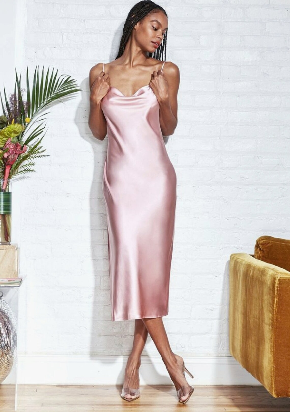 Powder Dress Silk Satin Midi Dress Strappy Backless Low-cut Collar ...