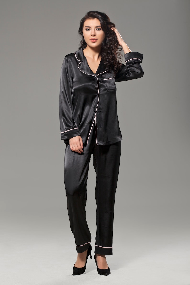 Black Satin Long Sleeve Pajama Set, Satin Pajamas, Bridesmaid Long Pj ...
