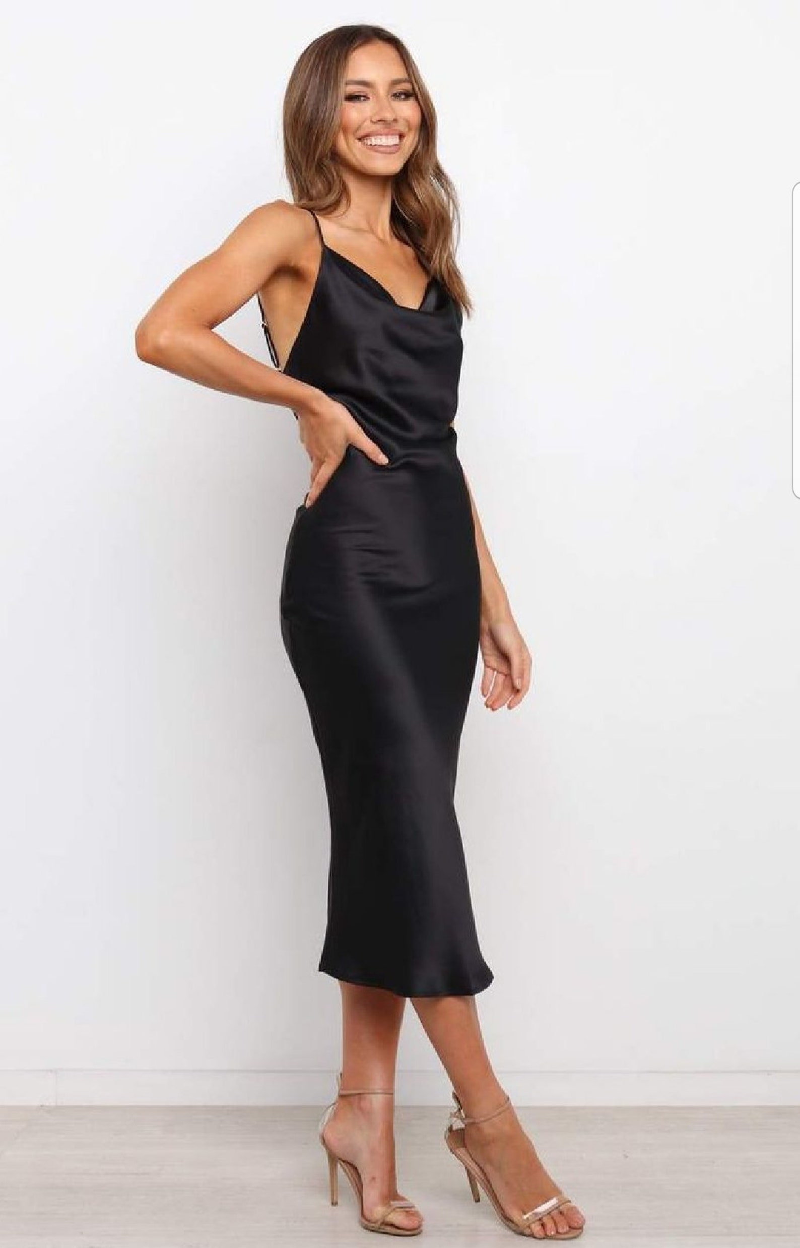 Black Silk Satin Midi Dress: Strappy Backless Lined Dress - Etsy