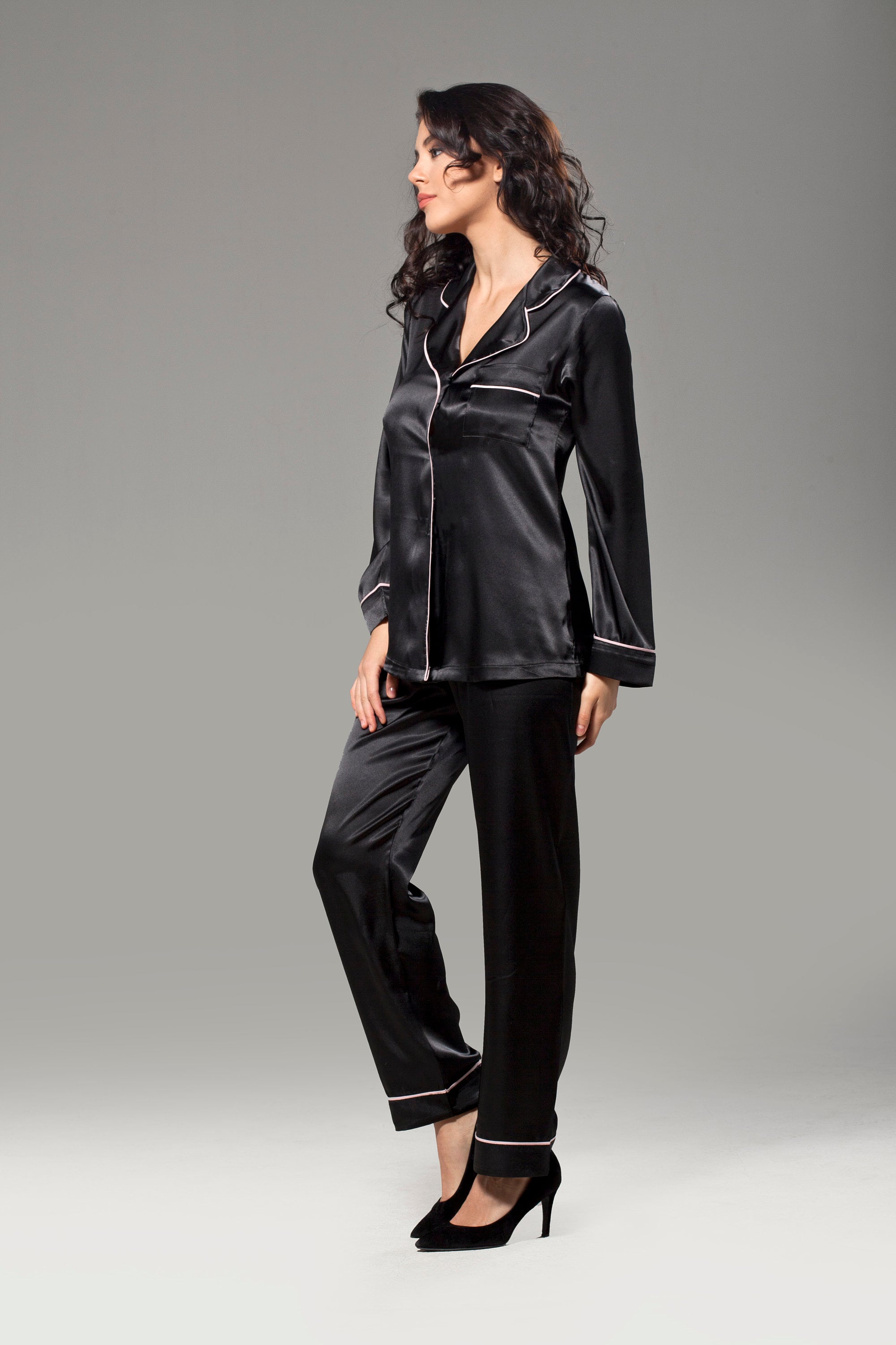 Black Satin Long Sleeve Pajama Set, Satin Pajamas, Bridesmaid Long Pj ...