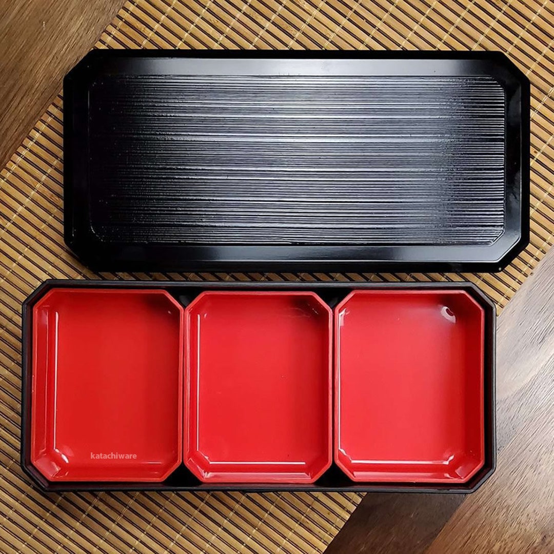 3 Compartment Long Bento Box Red & Black | Katachiware - Etsy