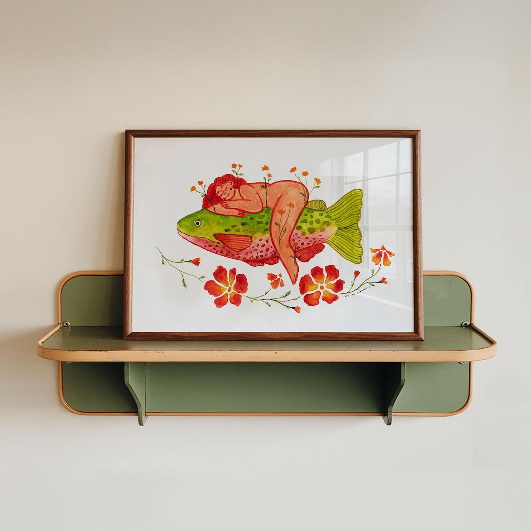 Original Watercolor Floral Folk Fish Painting - “where the Water Leads ...