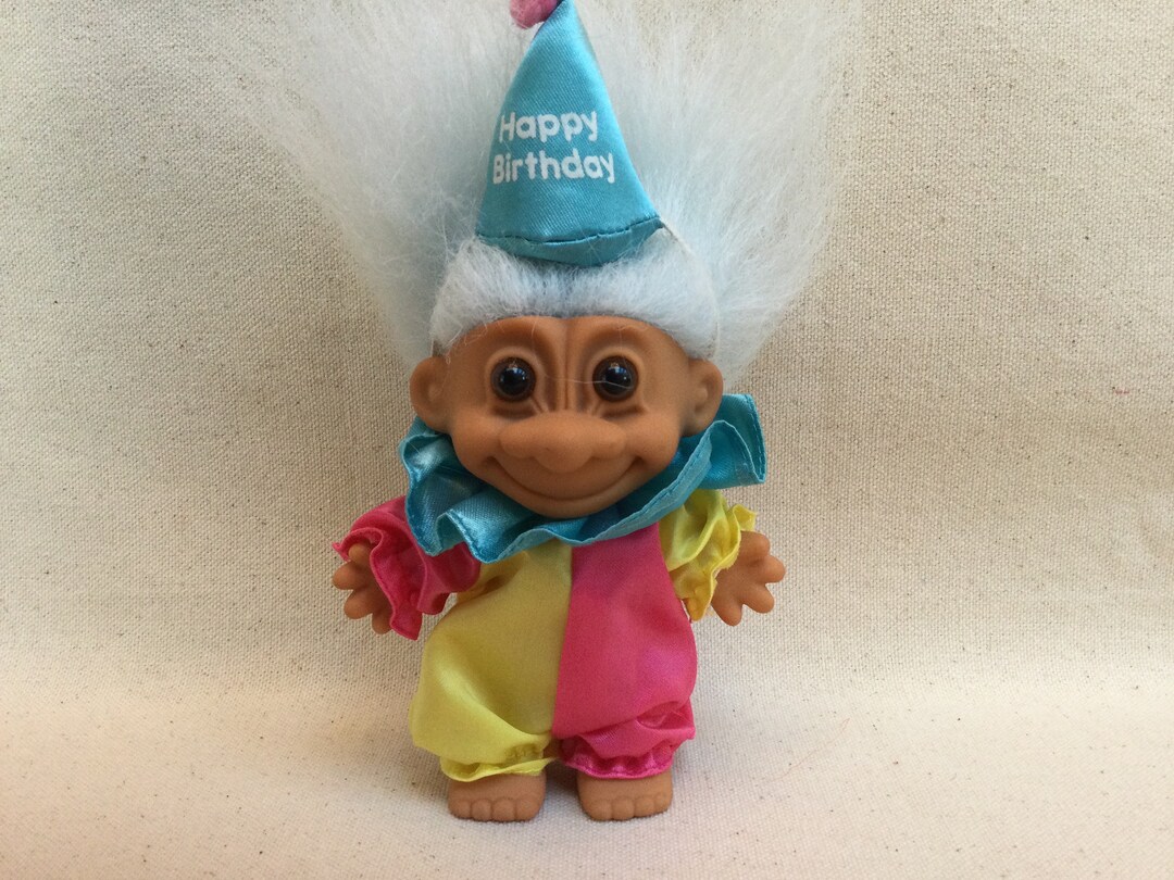 Happy Birthday Troll, 4” Troll Wearing a Clown Suit, Light Blue Hair ...