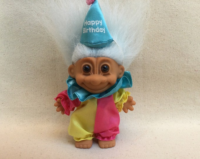 Happy Birthday Troll, 4” Troll Wearing a Clown Suit, Light Blue Hair ...