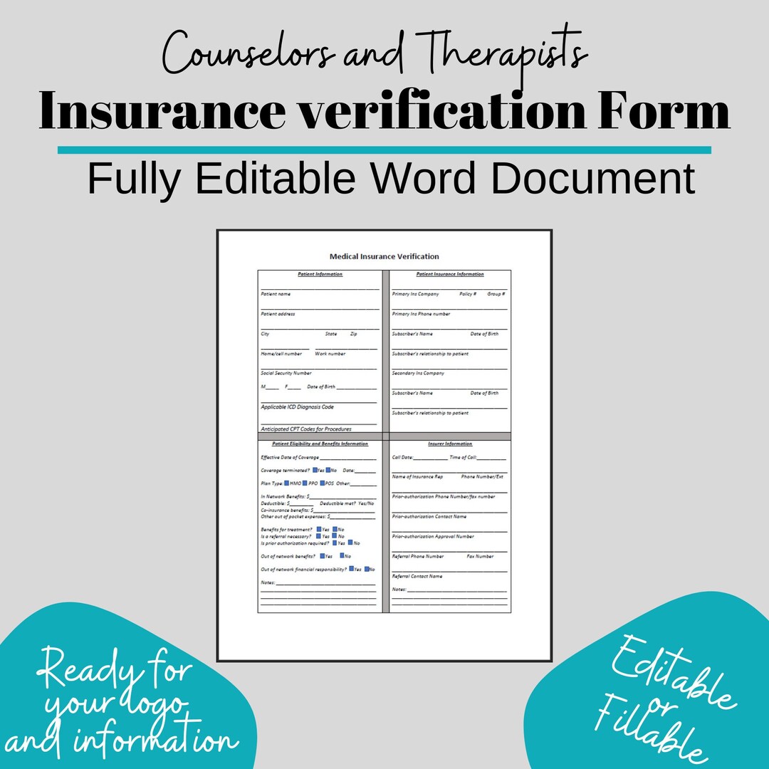 Insurance Verification Form Editable Templates, Psychotherapy/ Private ...