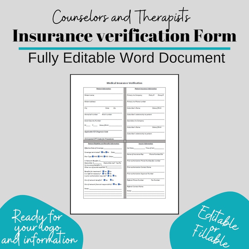 Insurance Verification Form Editable Templates, Psychotherapy/ Private ...
