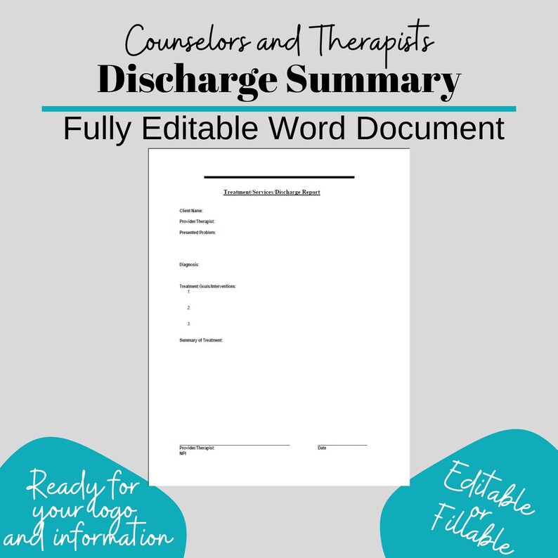 Discharge Summary Form Editable Templates, Psychotherapy/ Private ...