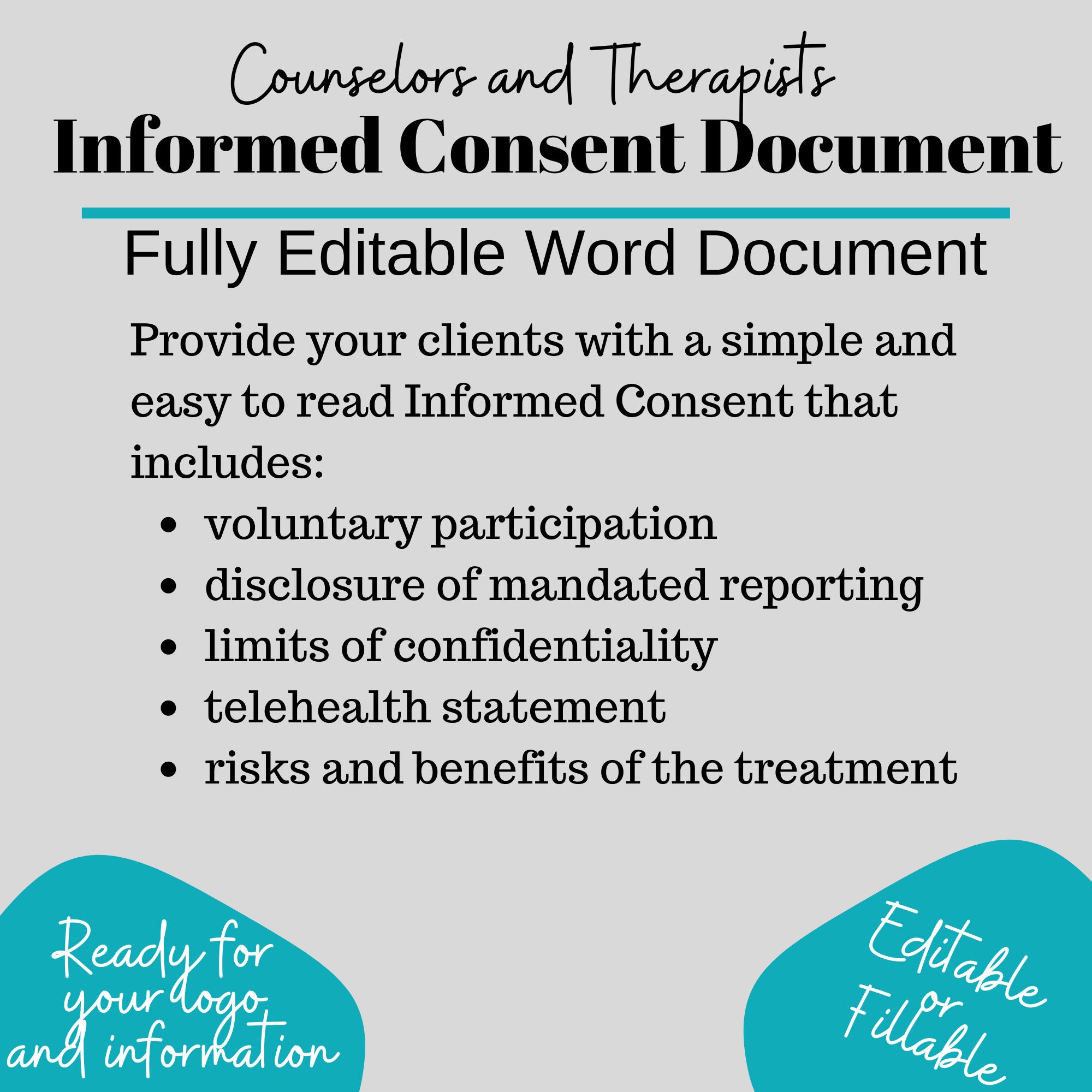Informed Consent for Counselors & Psychotherapists, Editable Forms ...