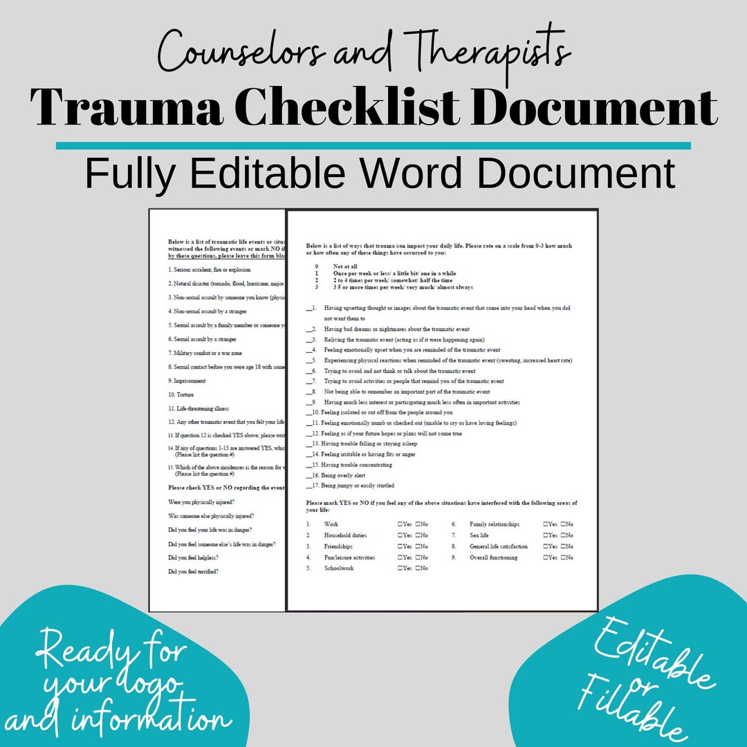 Trauma Checklist Form Fillable & Editable Templates, Psychotherapy ...