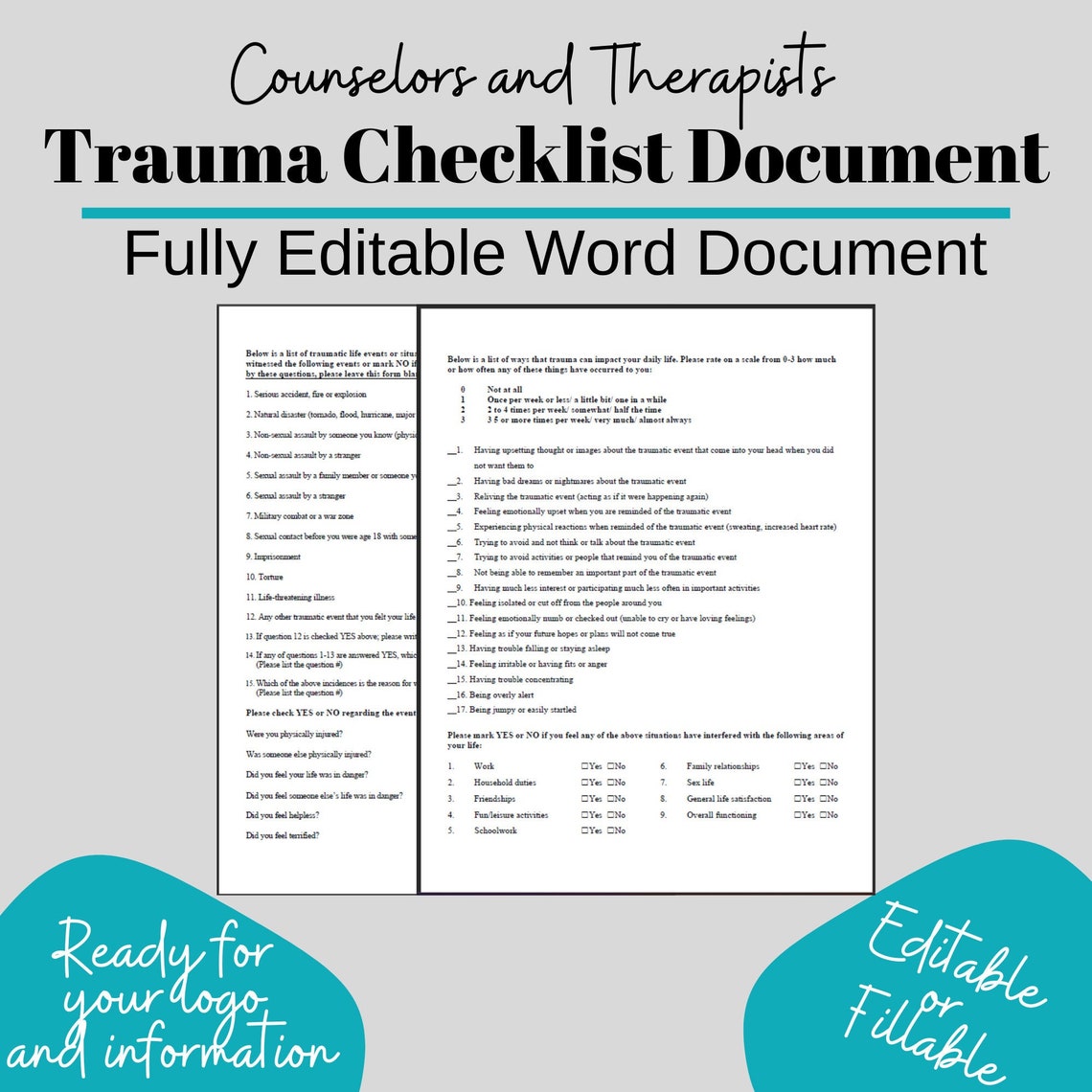 Trauma Checklist Form Fillable & Editable Templates, Psychotherapy ...