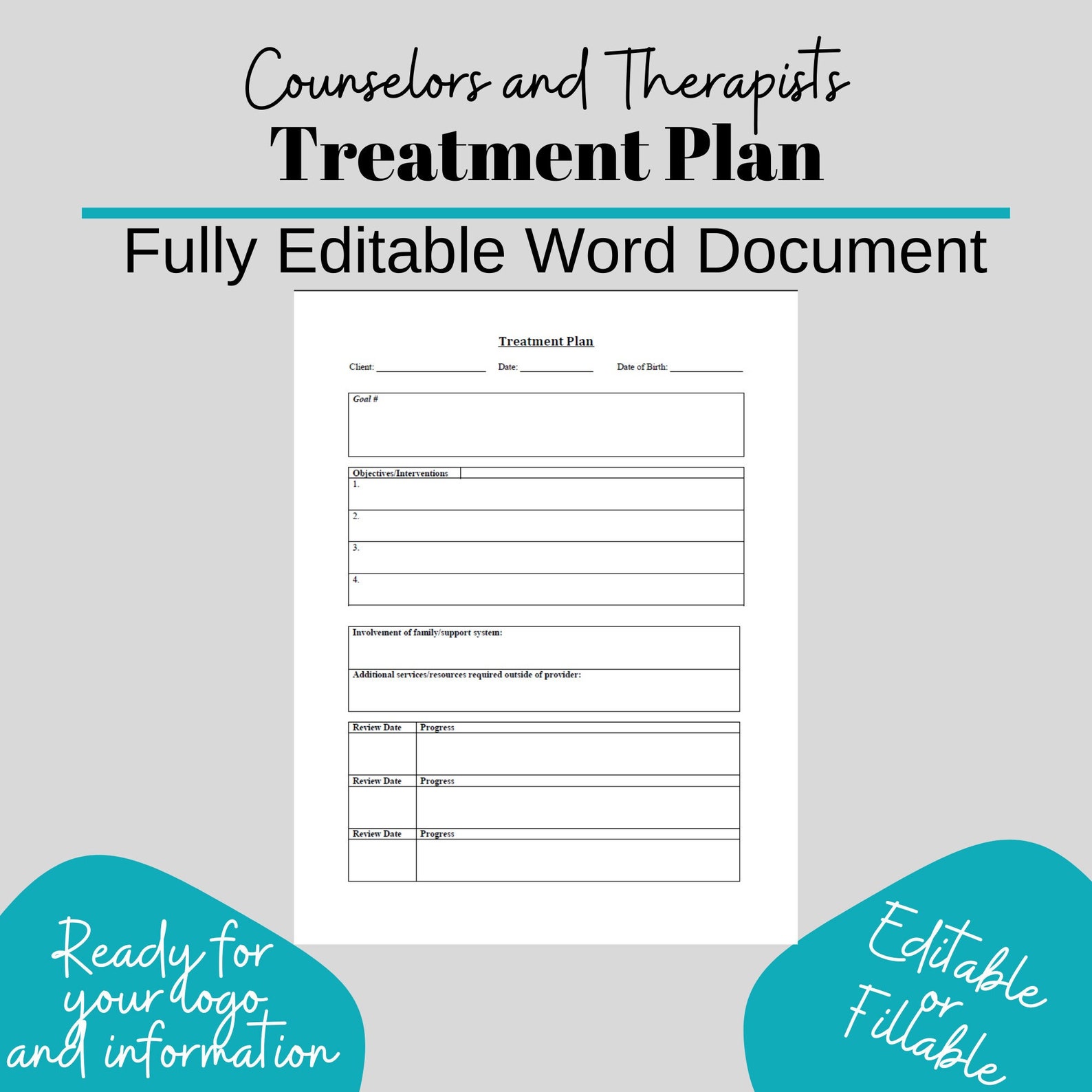 Treatment Plan Form Editable Templates, Psychotherapy/ Private Practice ...