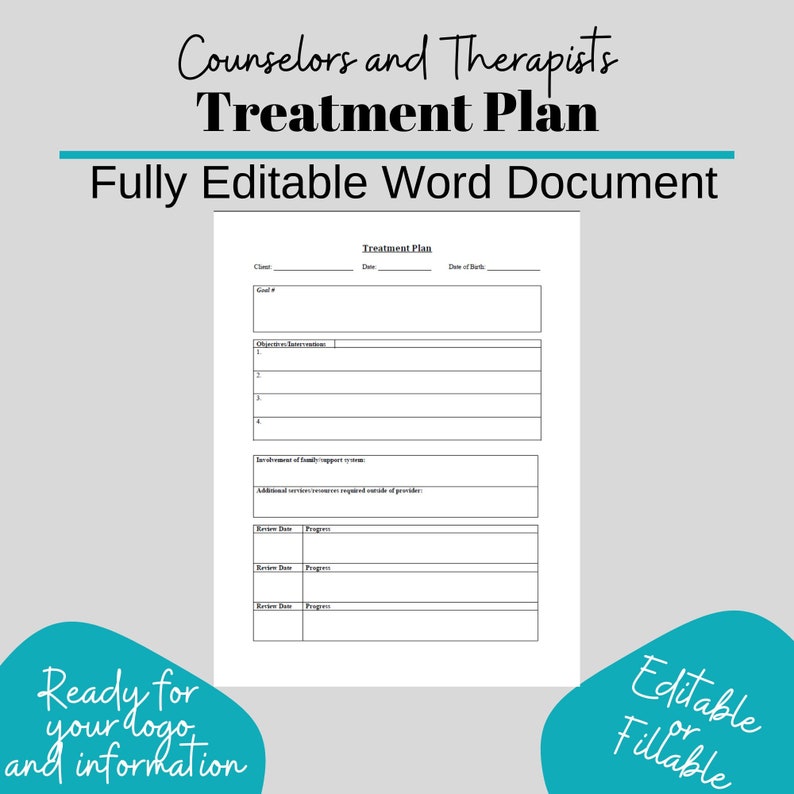 Treatment Plan Form Editable Templates, Psychotherapy/ Private Practice ...
