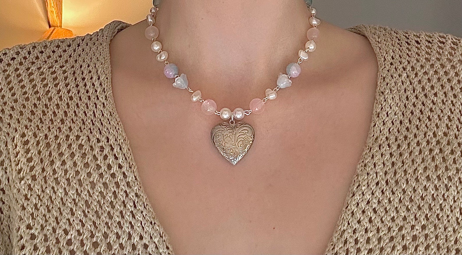 Heart Locket Coquette Necklace Made With Glass Beads Y2k 90s - Etsy