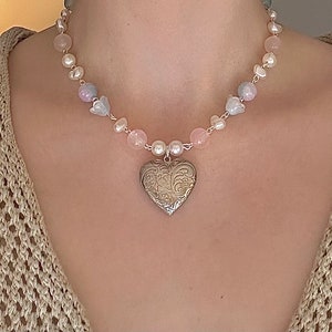 Heart Locket Coquette Necklace Made With Glass Beads Y2k 90s - Etsy