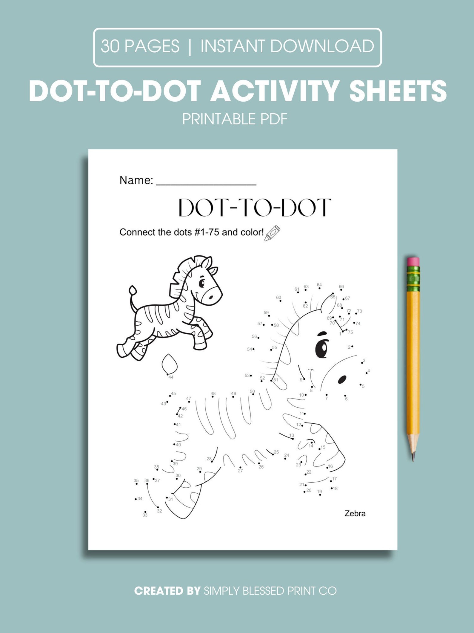 30 Pages of Dot to Dot Printable Activity Sheets for Kids, Cute Animal ...