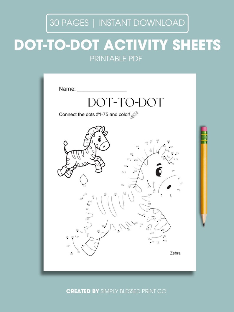 30 Pages of Dot to Dot Printable Activity Sheets for Kids, Cute Animal ...