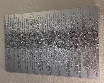 Glitter Wall Art, Silver Glitter Glass Painting, Glitter Painting ...