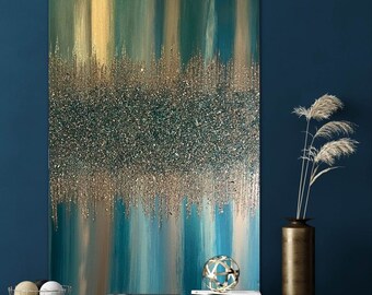 Turquoise Teal Silver Glitter Glass Glam Wall Art, Glitter Art, Glass ...